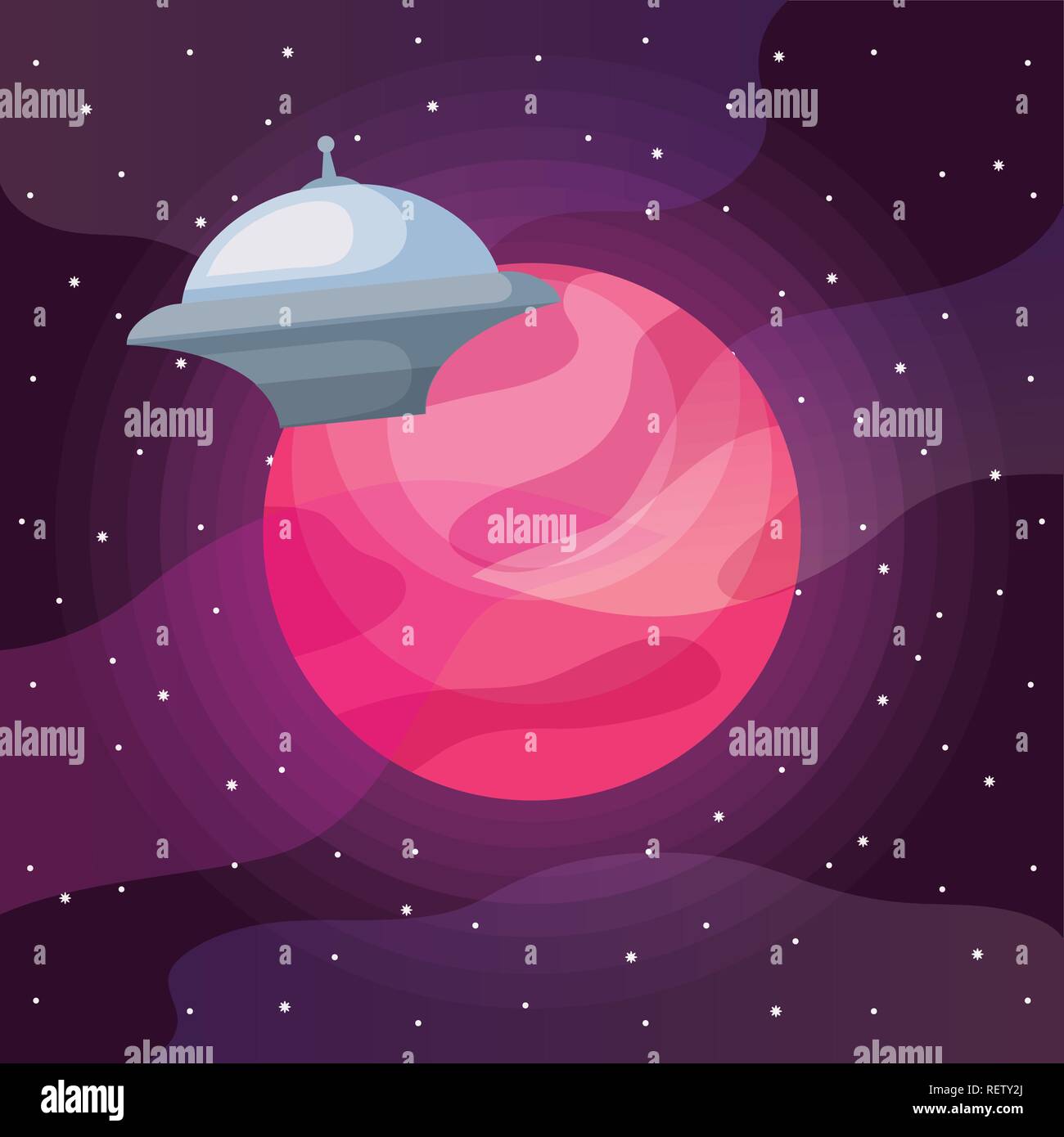 alien spaceship around planet over space background, colorful design ...
