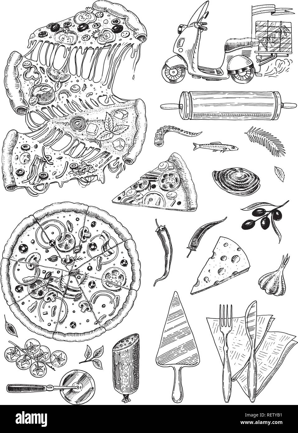Set of pizza with cheese. Yummy italian vegetarian food with tomatoes ...