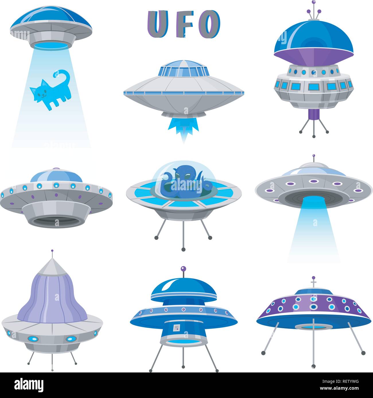Alien spaceships, set of UFO unidentified flying object, Fantastic ...