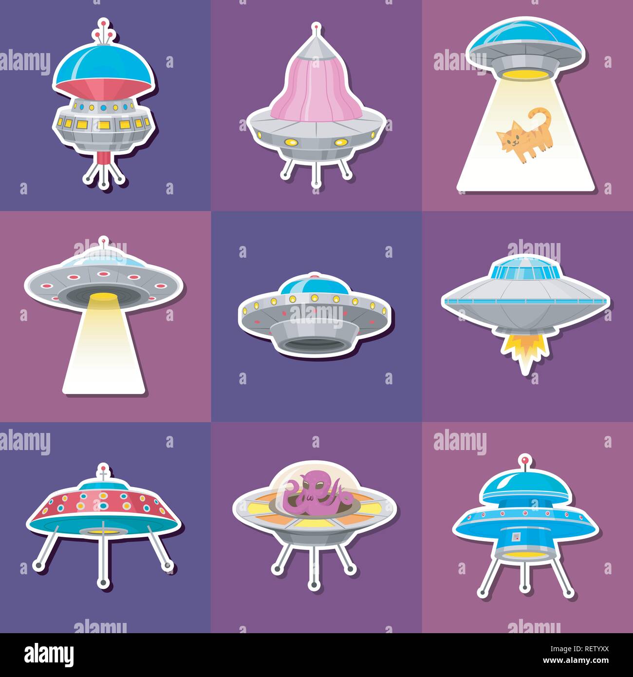 Set of UFO stickers. Alien spaceships, unidentified flying object ...