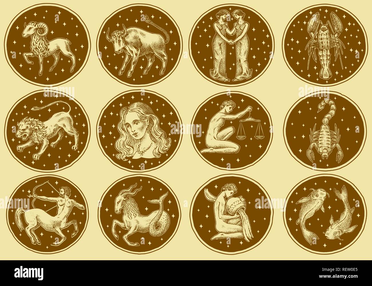 Zodiac icons. Astrology horoscope with signs. Calendar template ...