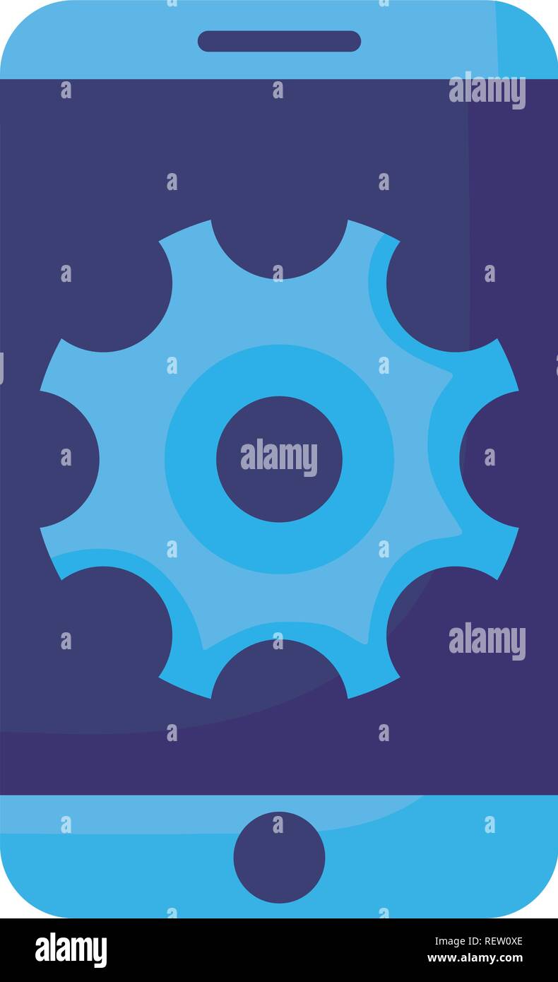 Smartphone device with gear wheel icon on screen over white background ...
