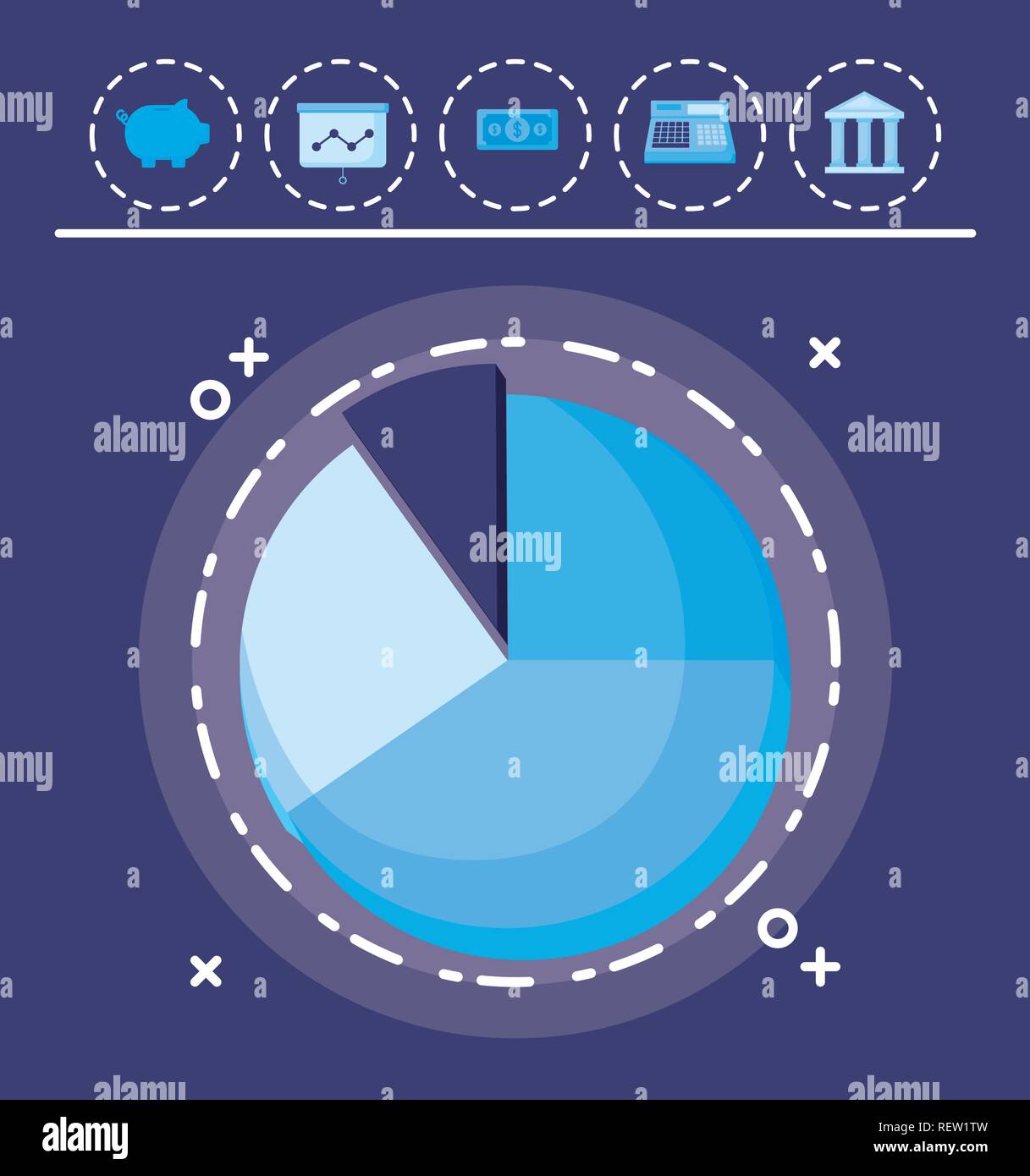 money related icons and pie chart over blue background, vector ...