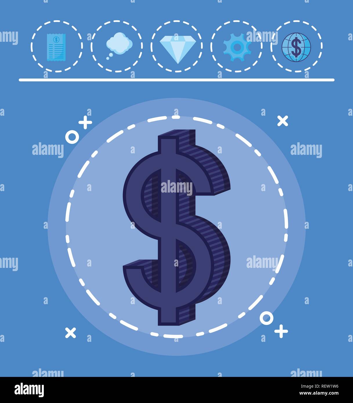 Money symbol and related icons around over blue background, vector ...