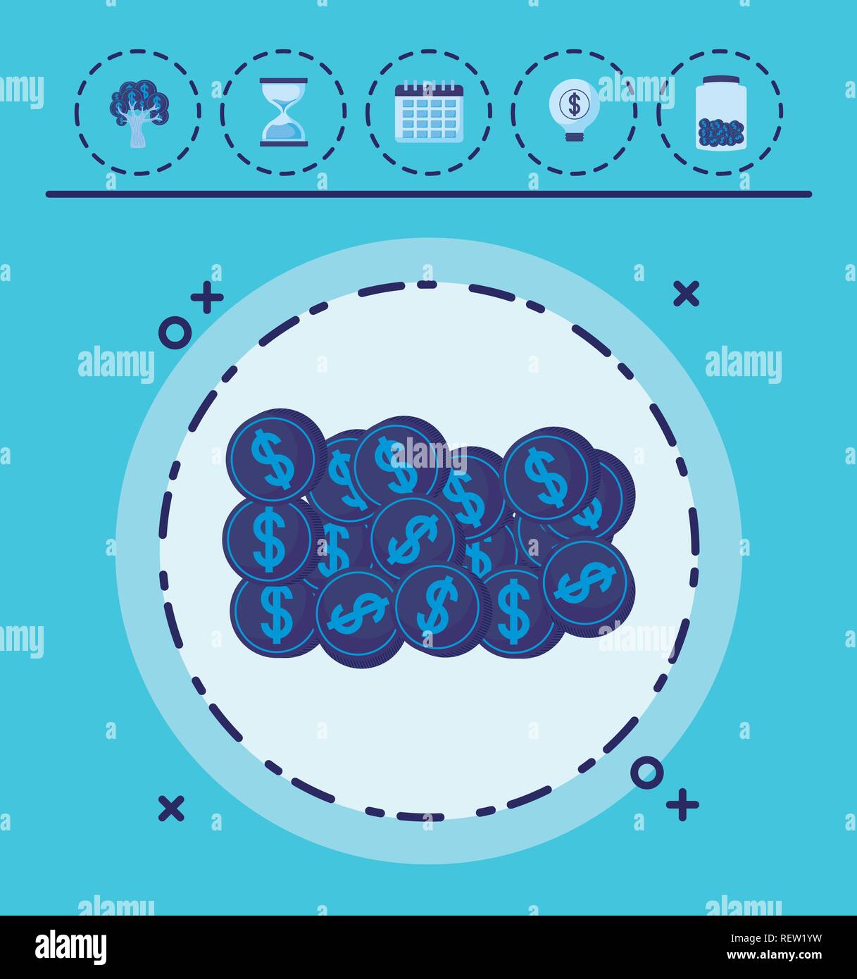 money coins and related icons around over blue background, vector ...