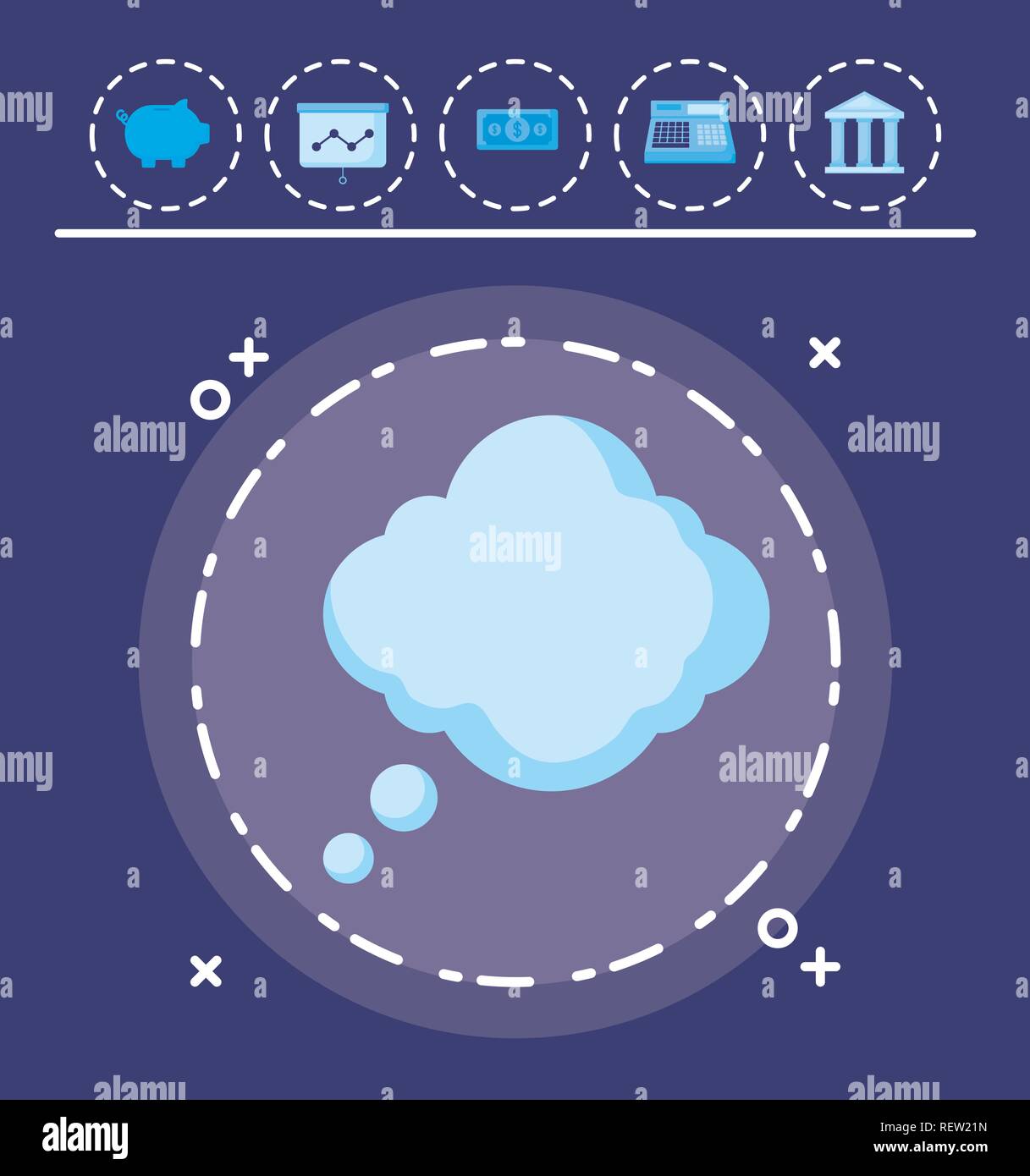 Speech bubble and money related icons over blue background, vector ...