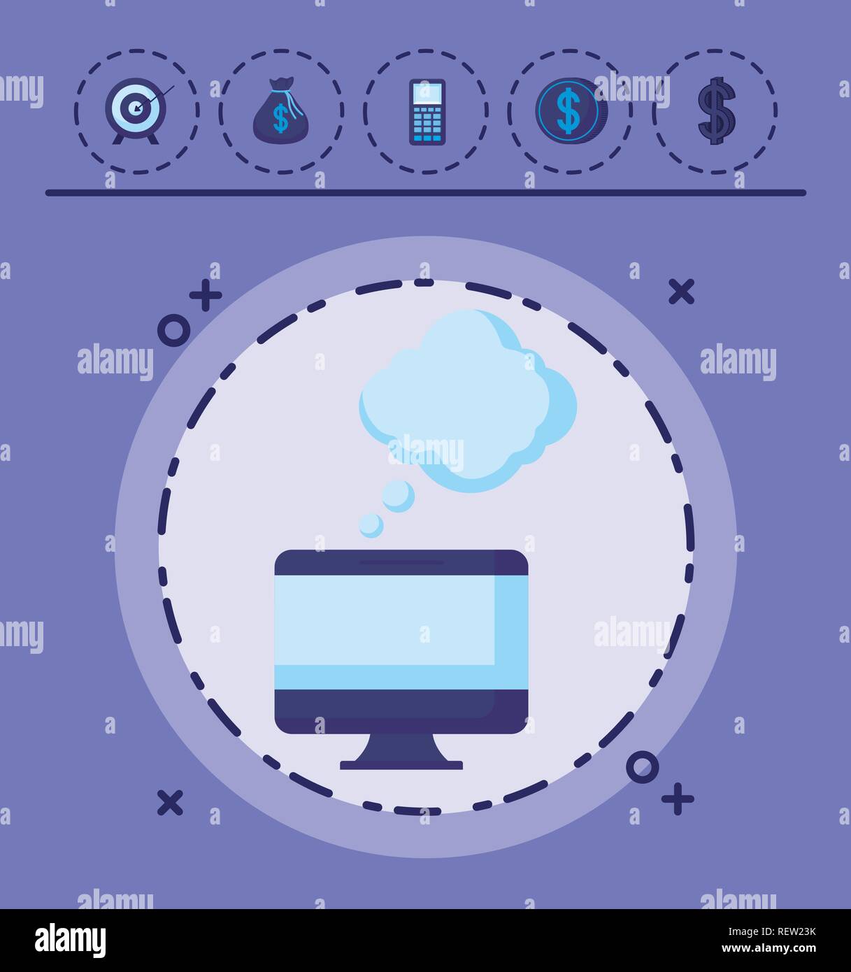computer and speech bubble and money related icons over purple ...