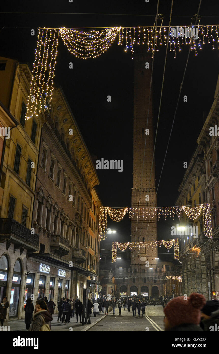 Bologna, Emilia Romagna, Italy. December 2018. Night view of via ...