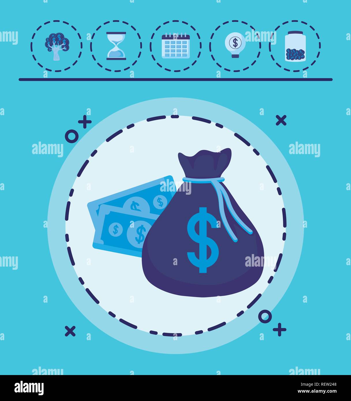 Money bag and money bills over blue background, vector illustration ...