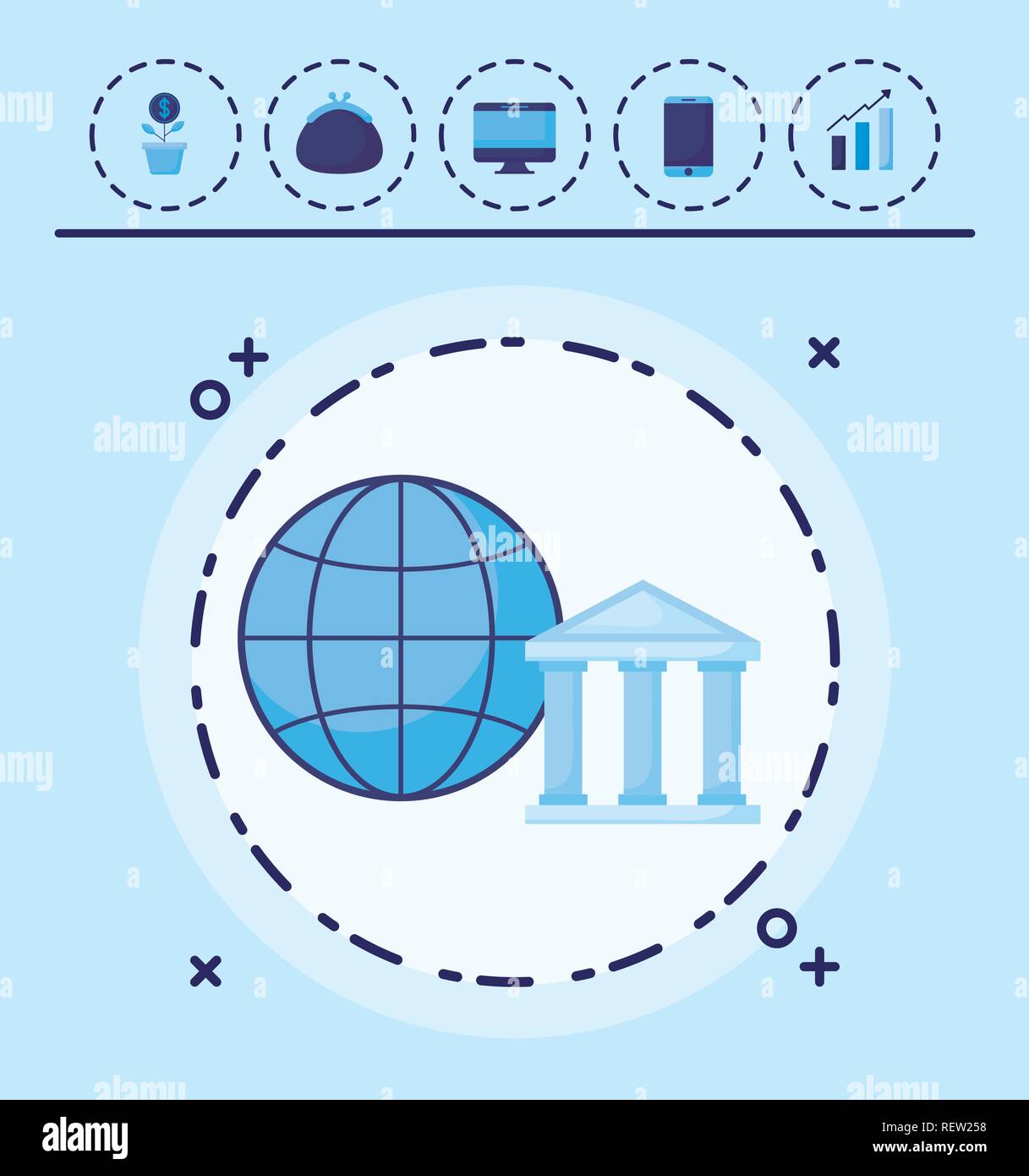bank building and global sphere icon over blue background, vector ...