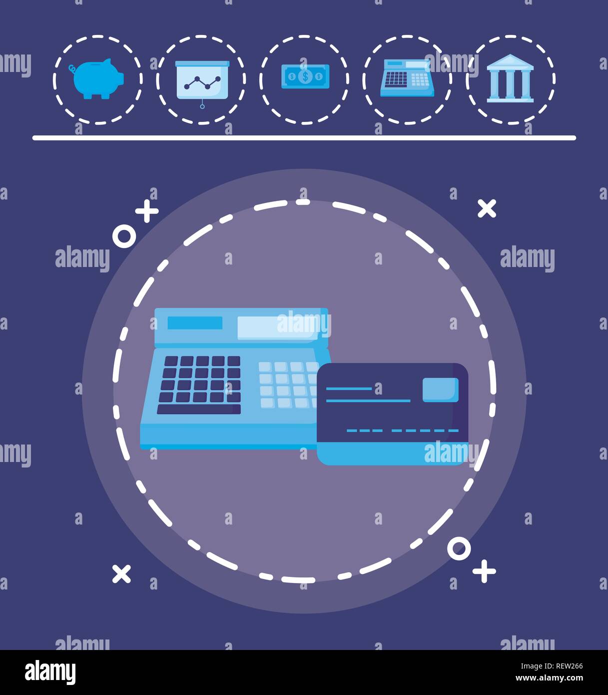 credit card and cash register with money related icons over blue ...