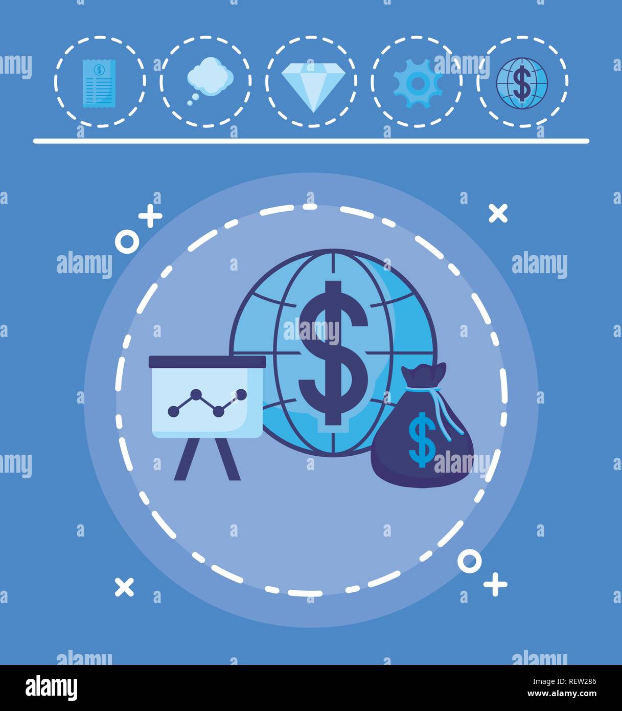global sphere and money related icons over blue background, vector ...