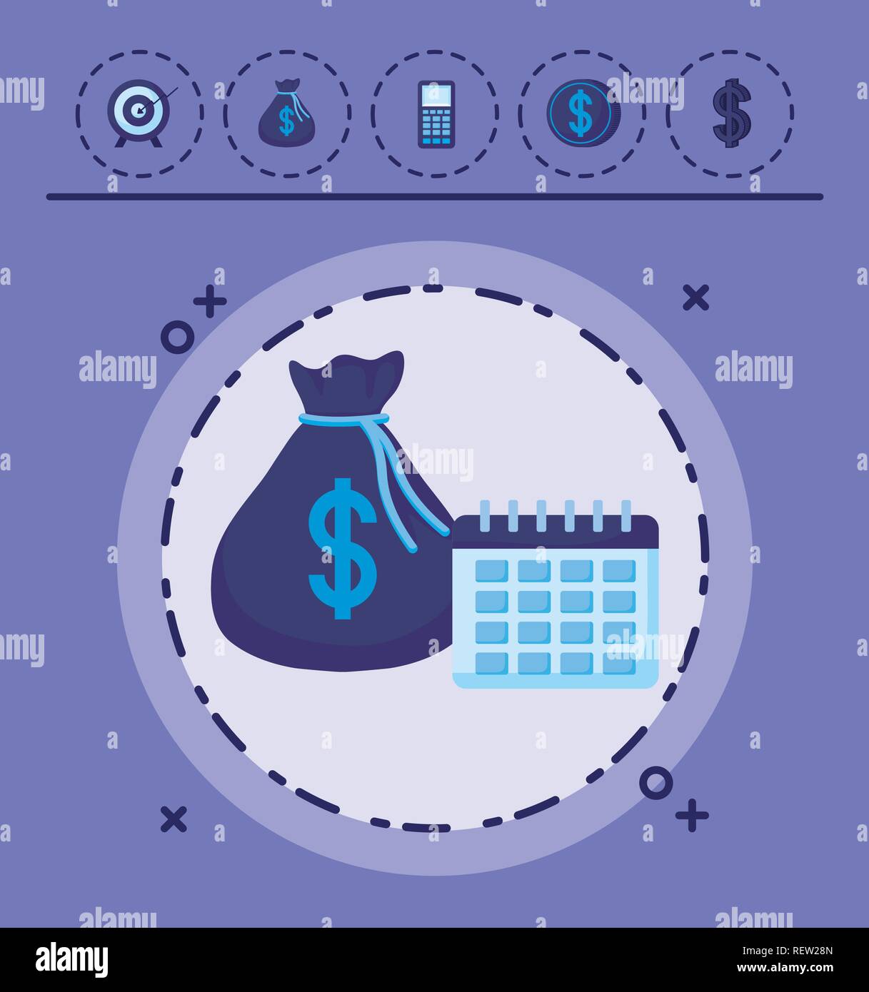 Money bag and calendar over purple background, vector illustration ...
