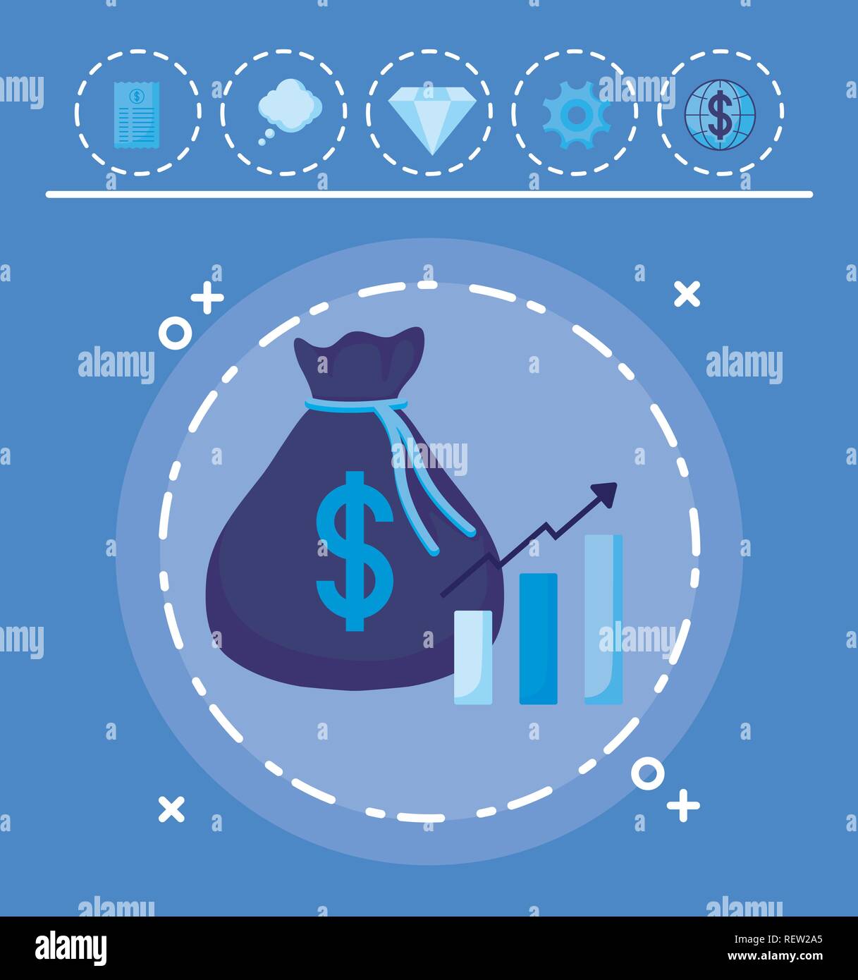 Money bag and bar chart over blue background, vector illustration Stock ...