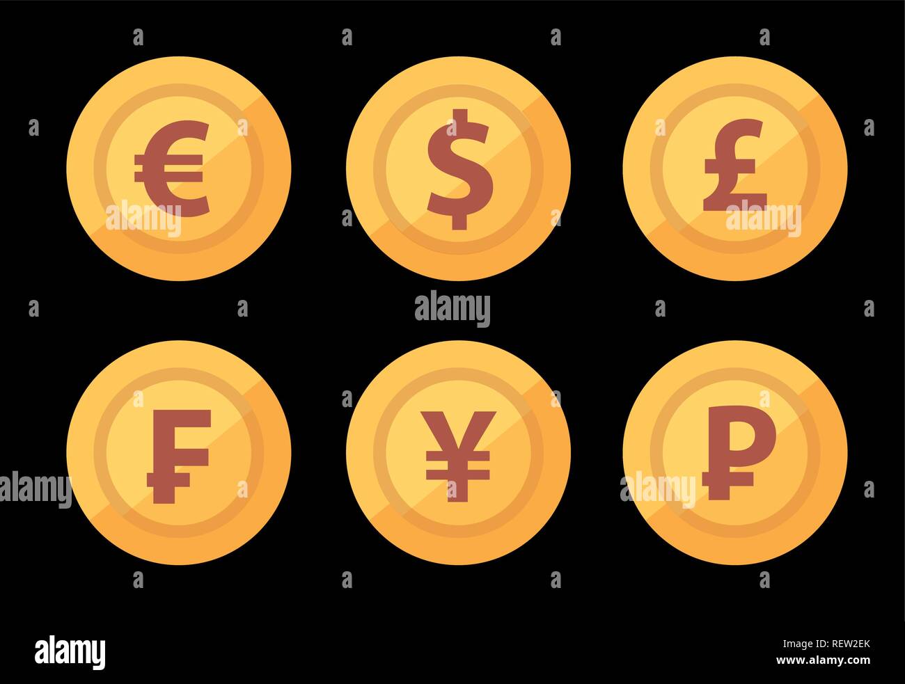 Set of golden world Great currency symbols isolated on dark black color ...