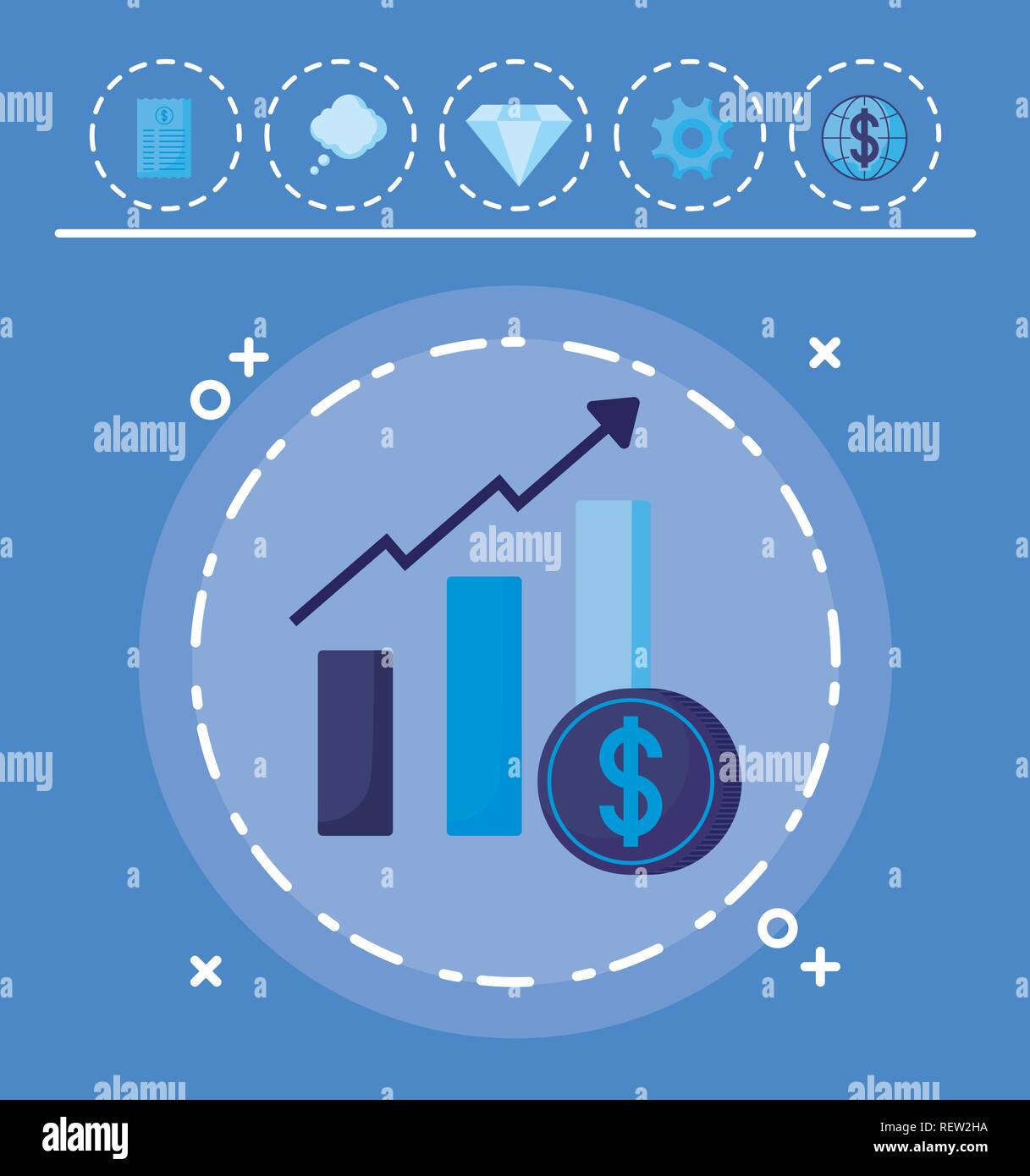 money coin and bar chart over blue background, vector illustration ...