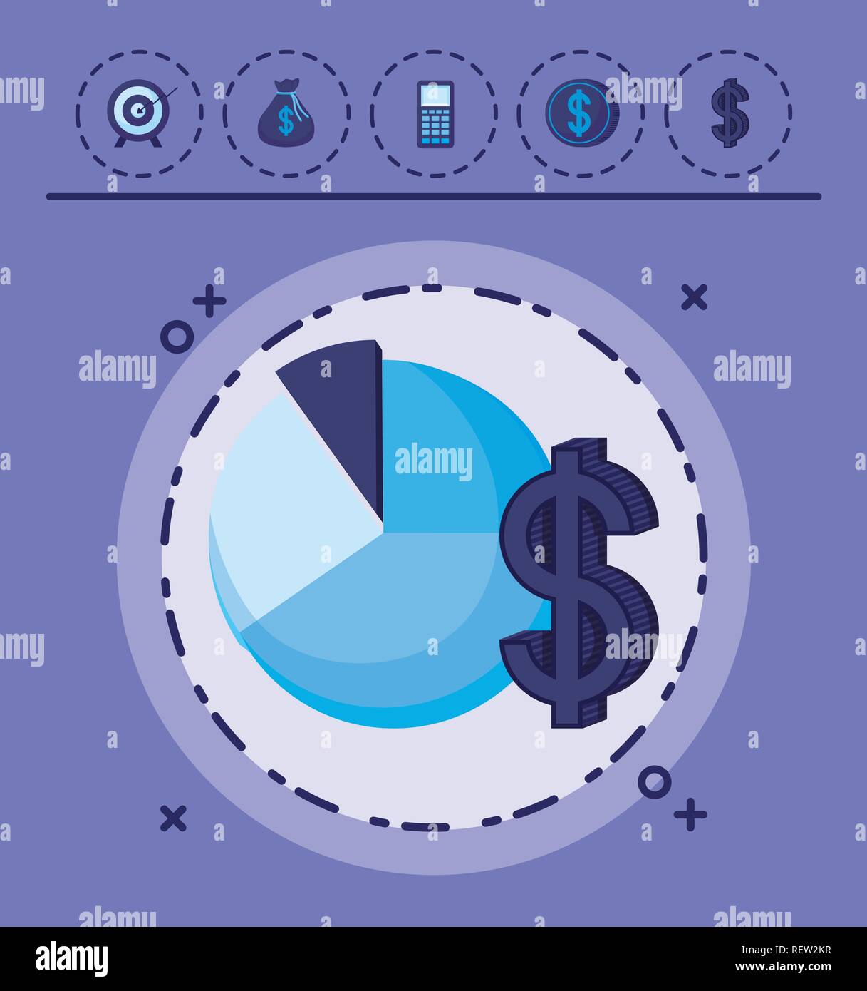 money symbol and pie chart icon over purple background, vector ...
