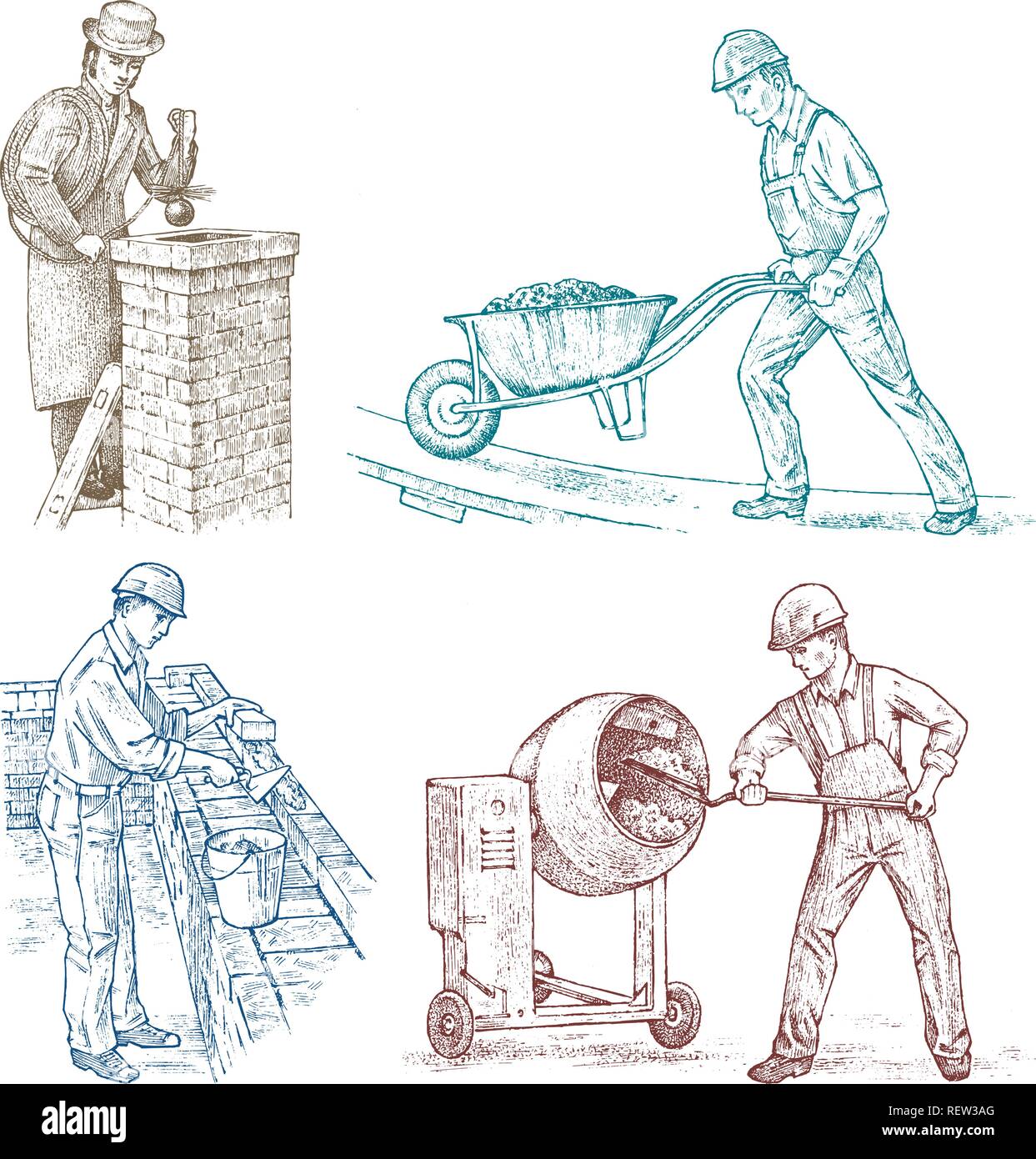 Set of Builders Technicians or Cement Engineers and Bricklayer in a ...