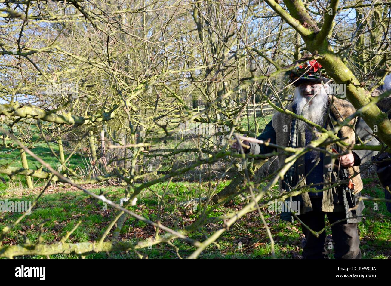 Man with grey hair & beard wearing decorated hat at the Wassail ...