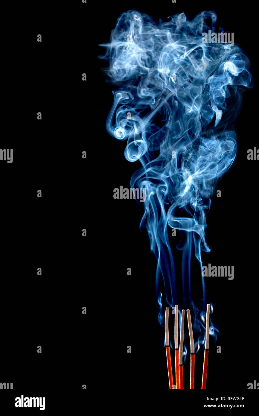 Closeup of calmly burning incense sticks with blue fume on black ...
