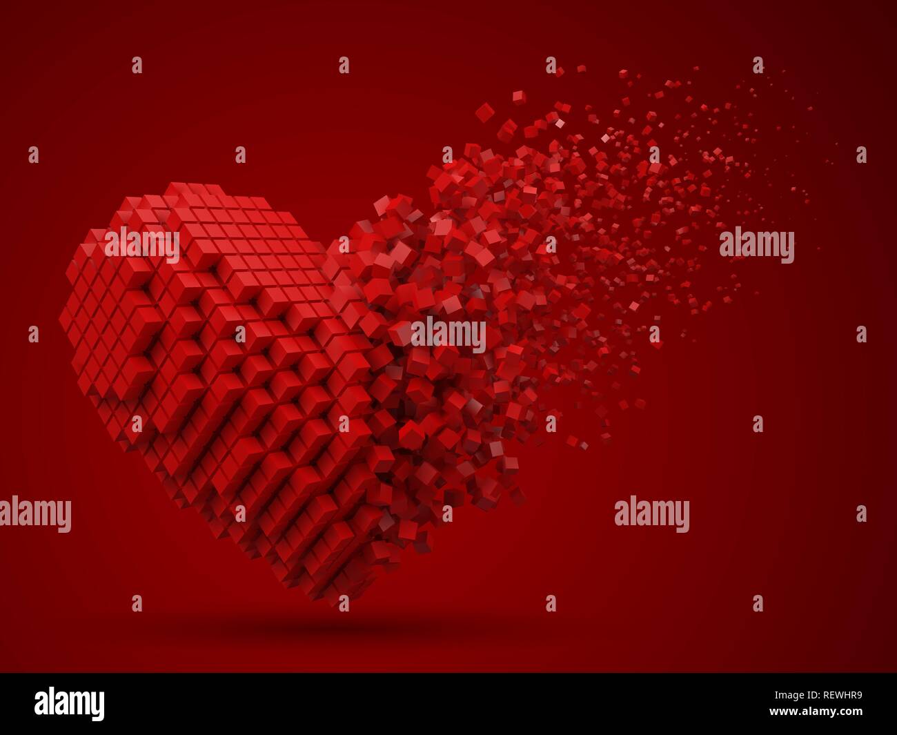 heart shaped, dissolving data block. made with red cubes. 3d pixel ...