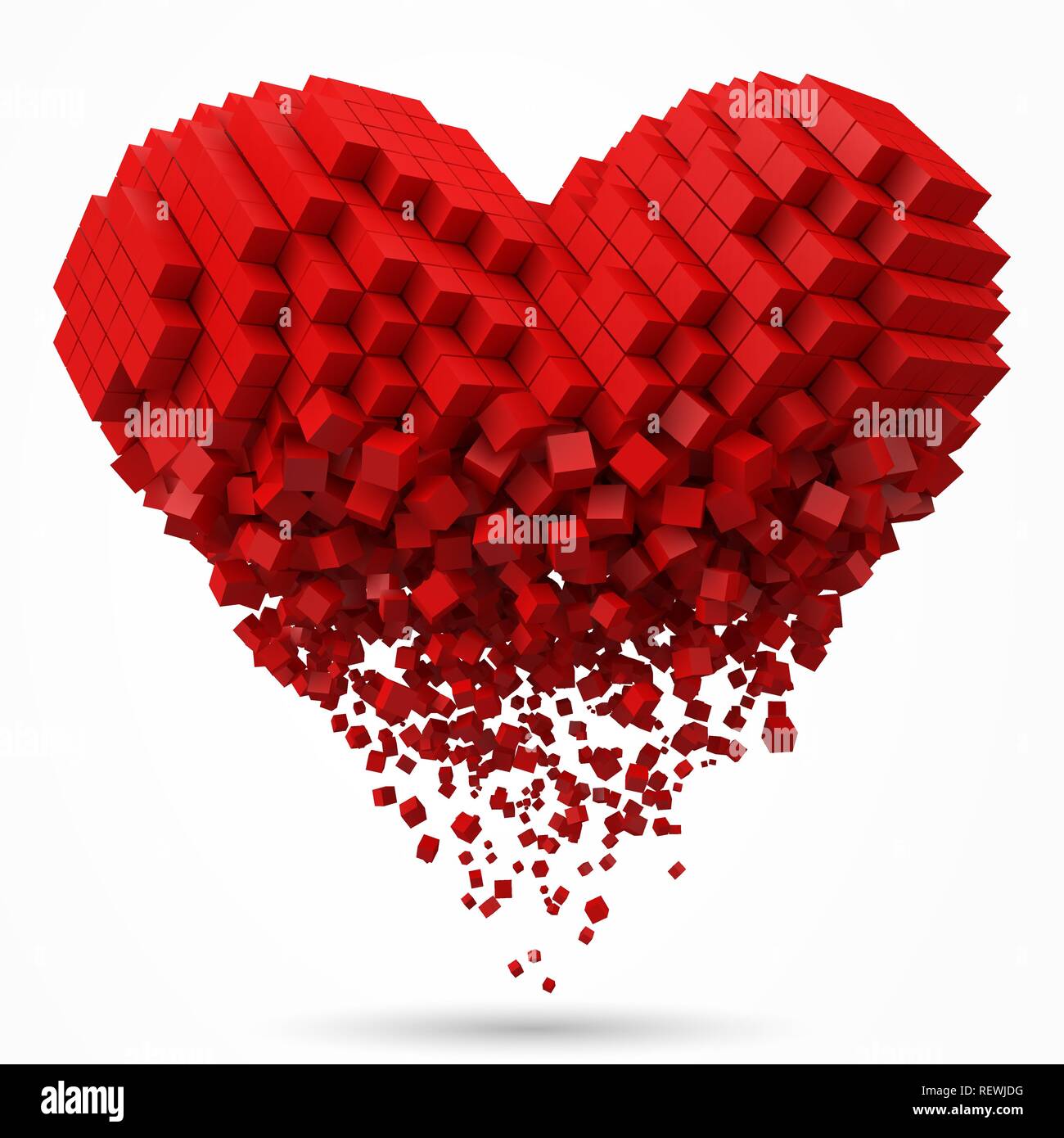 heart shaped, dissolving data block. made with red cubes. 3d pixel ...