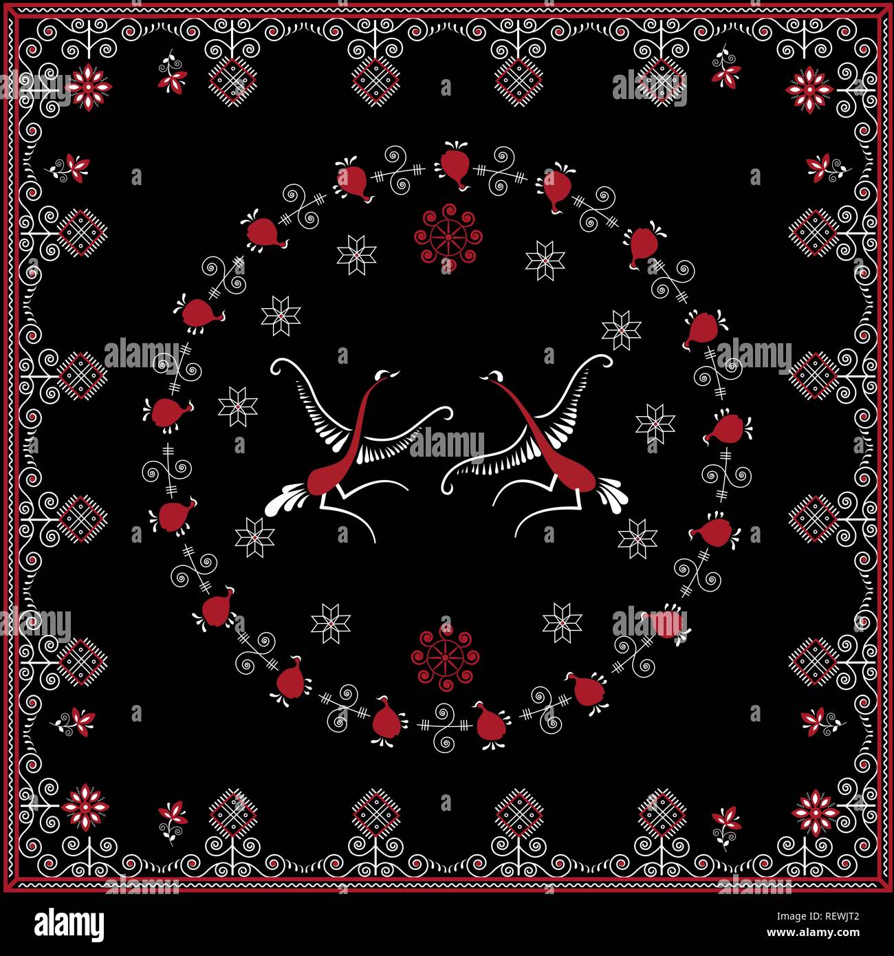 Folk art of northern Mezen region of Russia. Mezensky red firebird ...