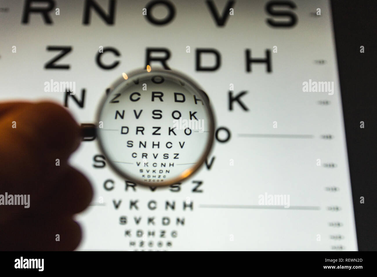 negative concave ophthalmic lens on a blurred background of the ETDRS ...