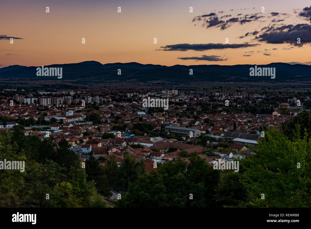 Cityscape of town Pirot in Serbia, the sunset, and the beautiful colors ...