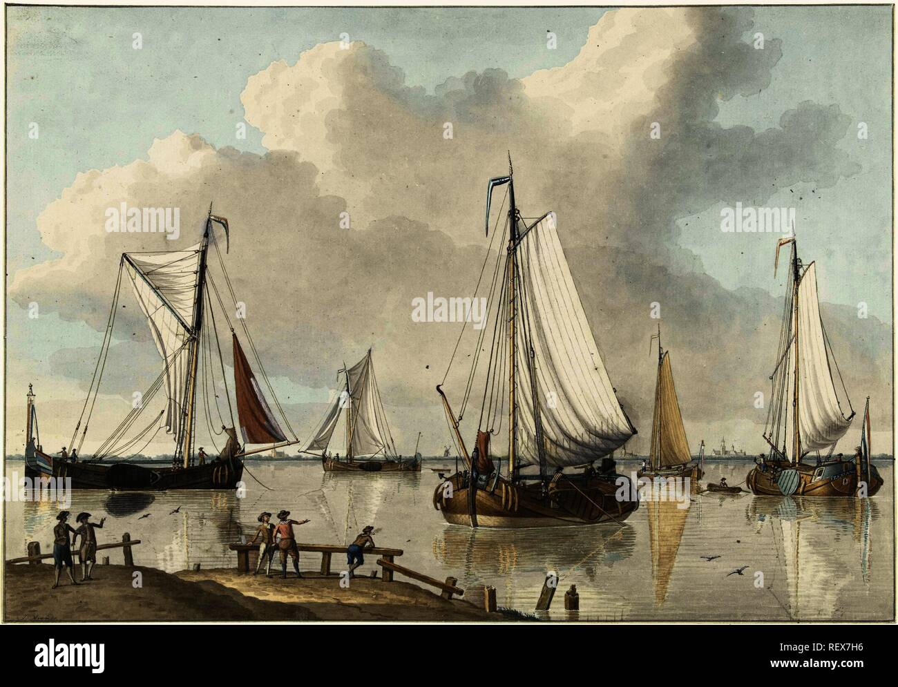 Sailing ships, five men on the side. Draughtsman: Jan Arends. Dating ...