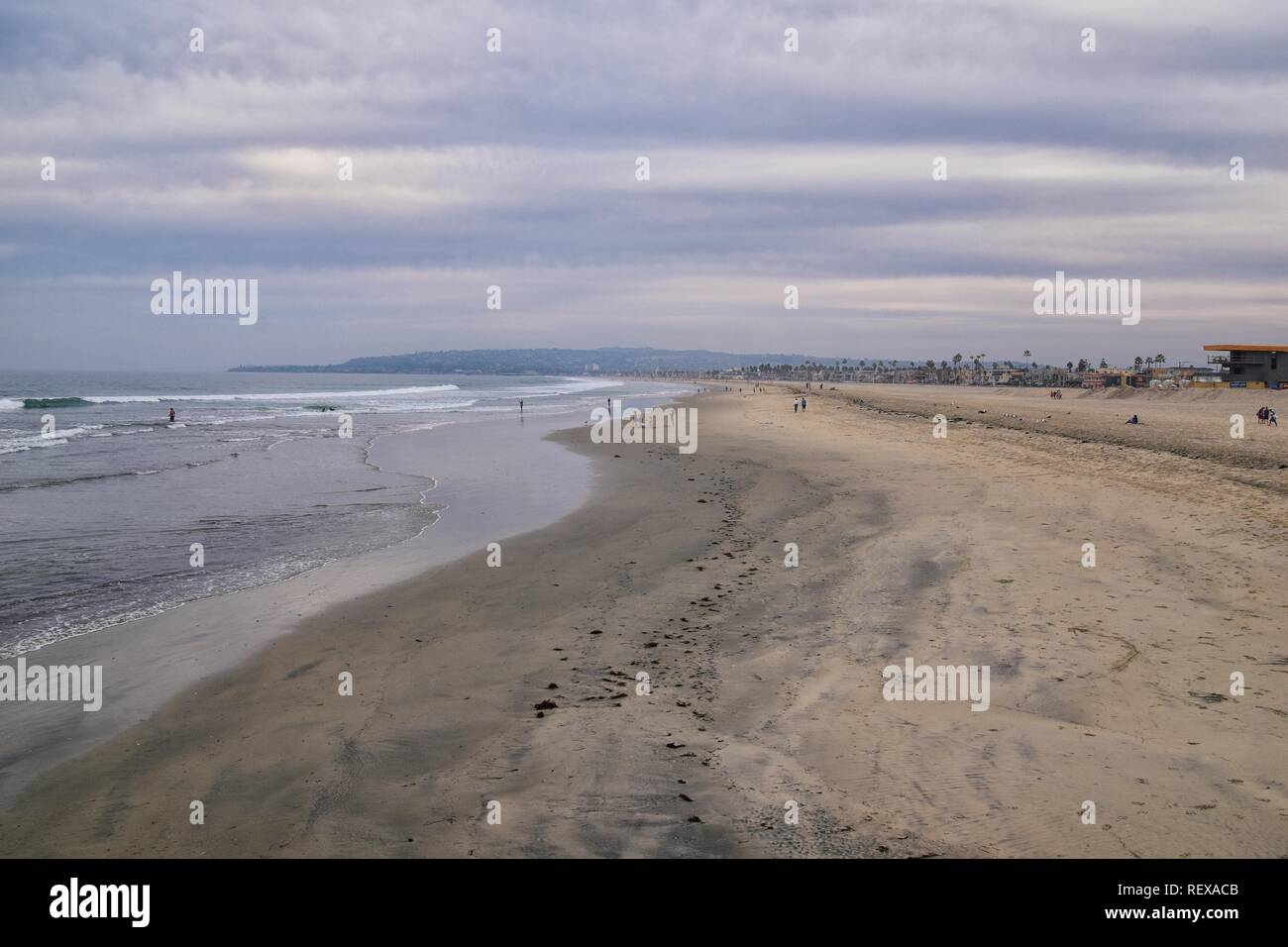 View from Mission Beach in San Diego, of Piers, Jetty and sand, around ...
