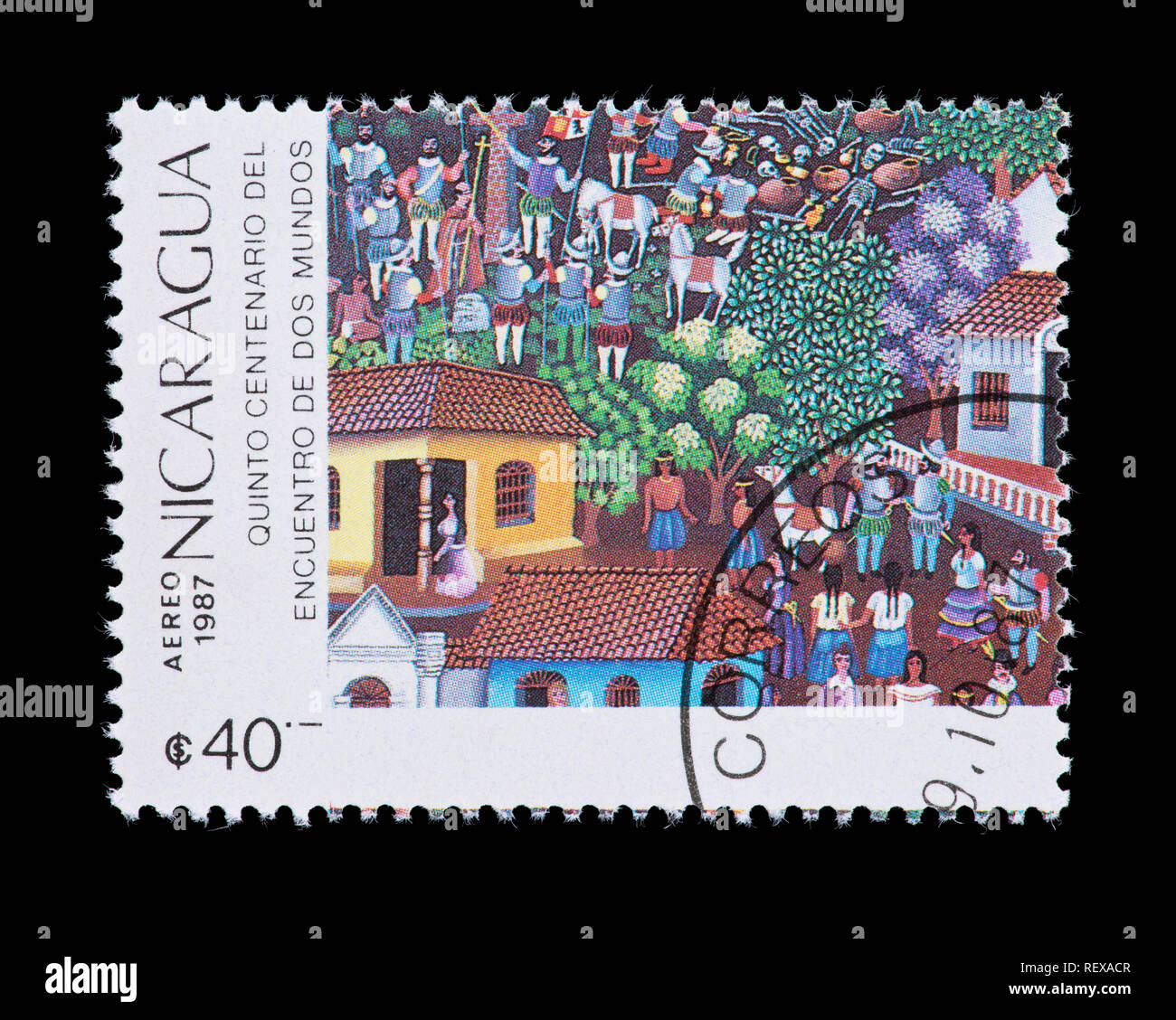 Postage stamp from Nicaragua depicting a Spanish town, 500th ...