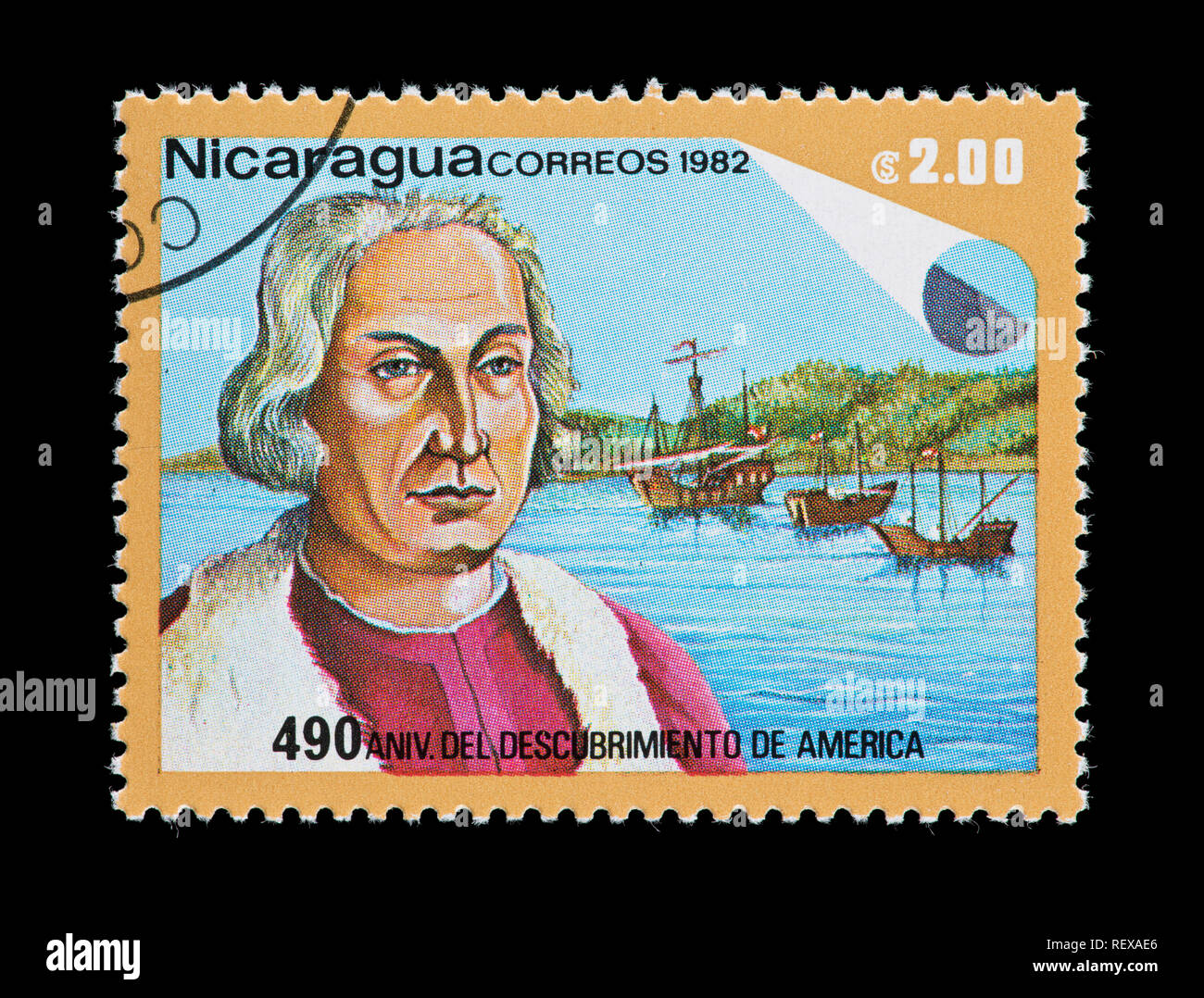 Postage stamp from Nicaragua depicting Christopher Columbus, ships from ...