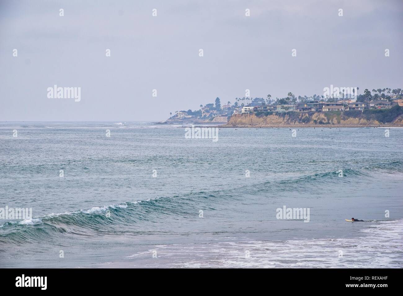 View from Mission Beach in San Diego, of Piers, Jetty and sand, around ...
