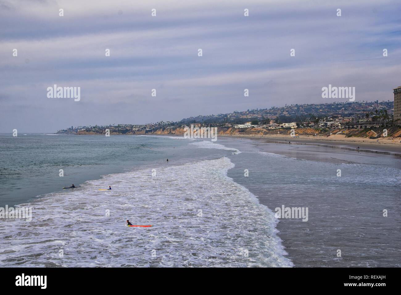 View from Mission Beach in San Diego, of Piers, Jetty and sand, around ...