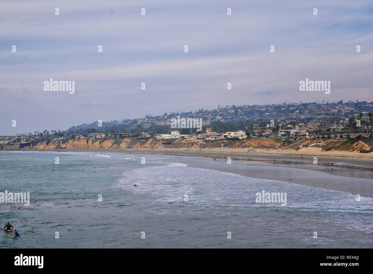 View from Mission Beach in San Diego, of Piers, Jetty and sand, around ...