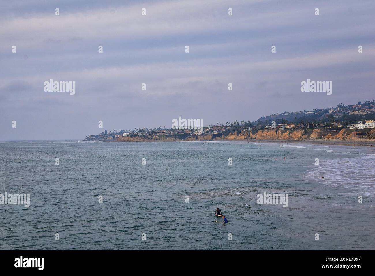 View from Mission Beach in San Diego, of Piers, Jetty and sand, around ...
