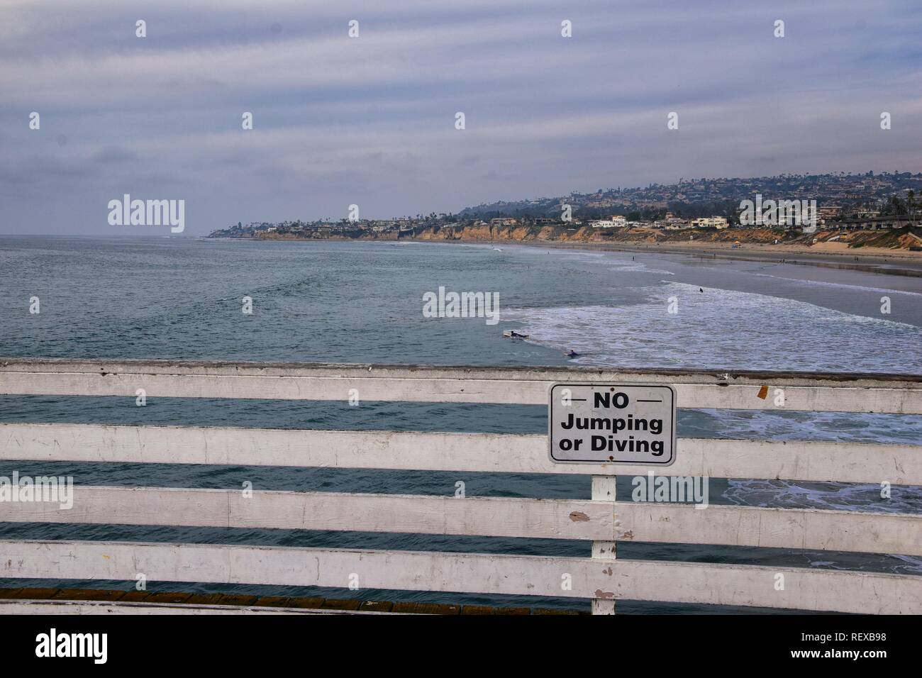 View from Mission Beach in San Diego, of Piers, Jetty and sand, around ...