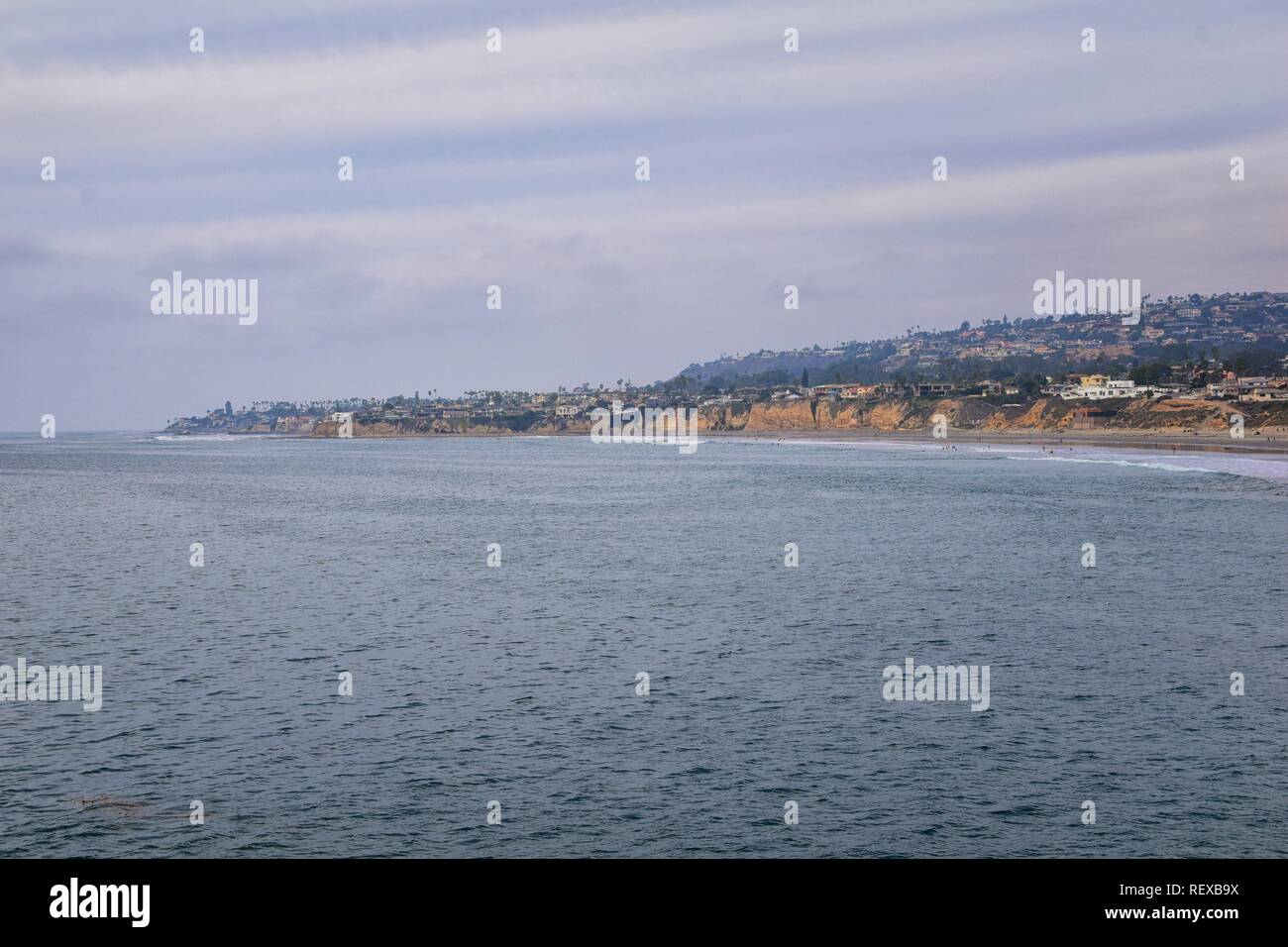 View from Mission Beach in San Diego, of Piers, Jetty and sand, around ...