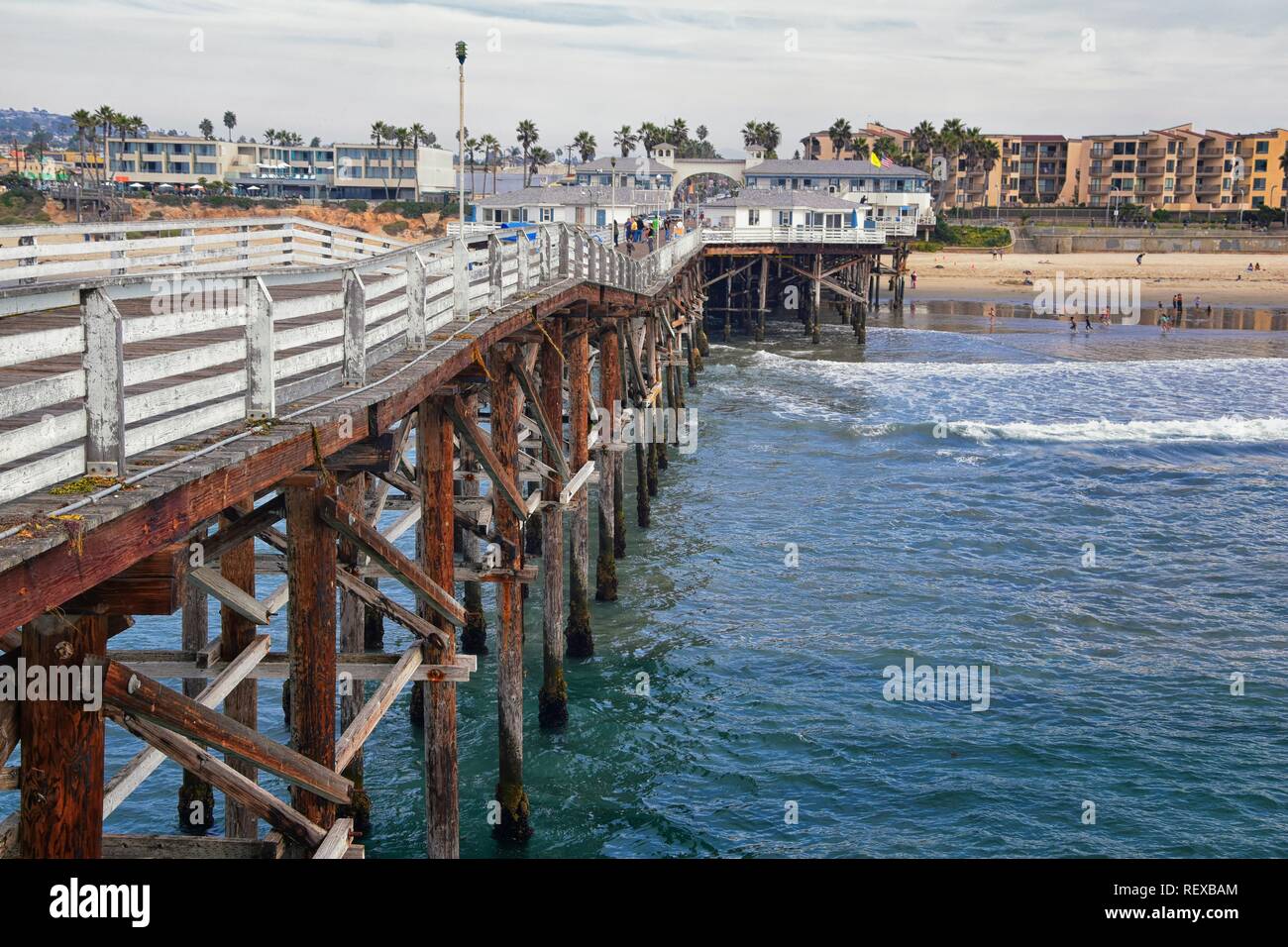 View from Mission Beach in San Diego, of Piers, Jetty and sand, around ...
