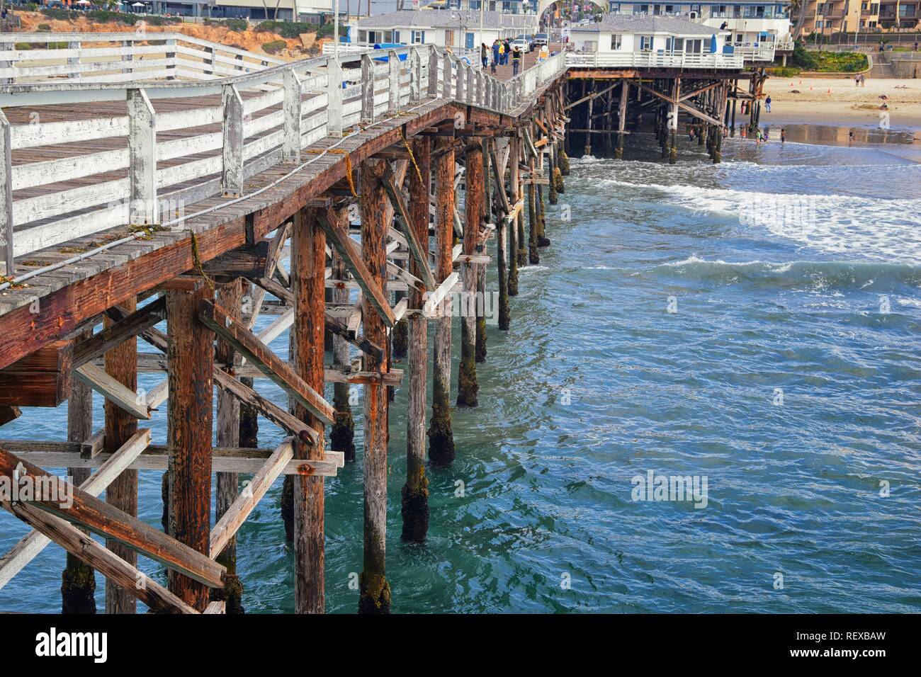 View from Mission Beach in San Diego, of Piers, Jetty and sand, around ...
