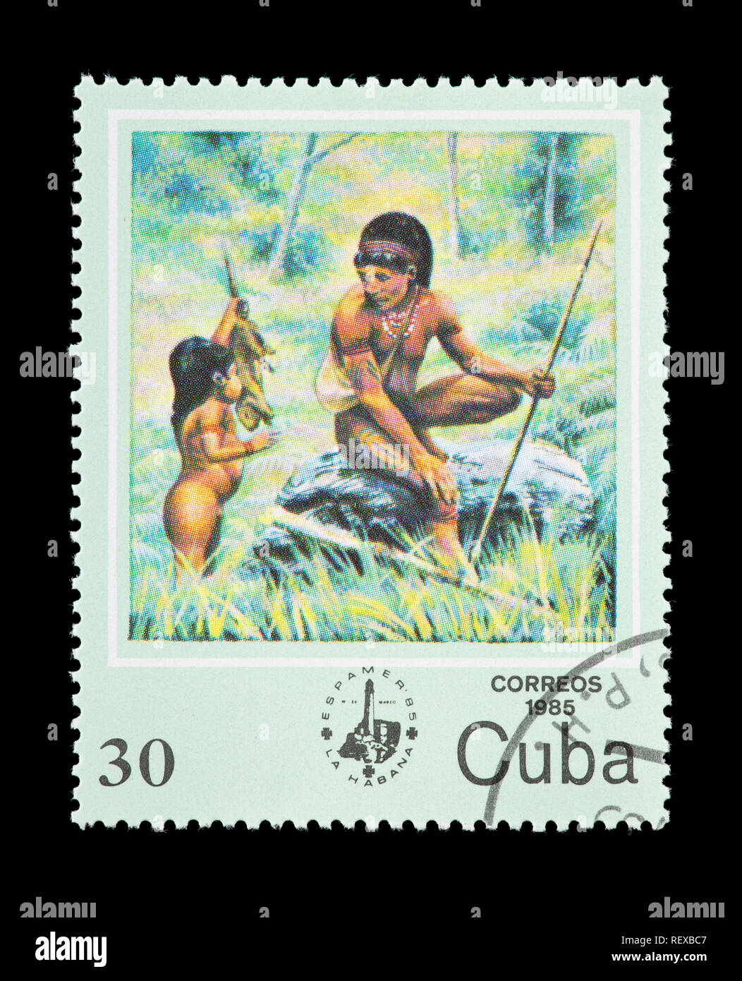Postage stamp from Cuba depicting huniing (native activity Stock Photo ...