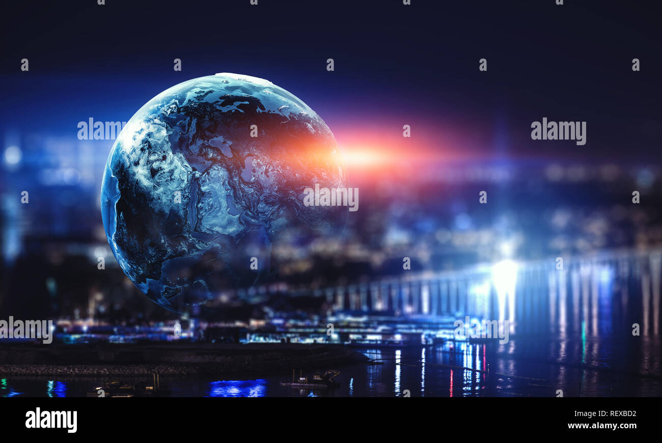 Concept of modern technologies with digital globe and modern cityscape ...