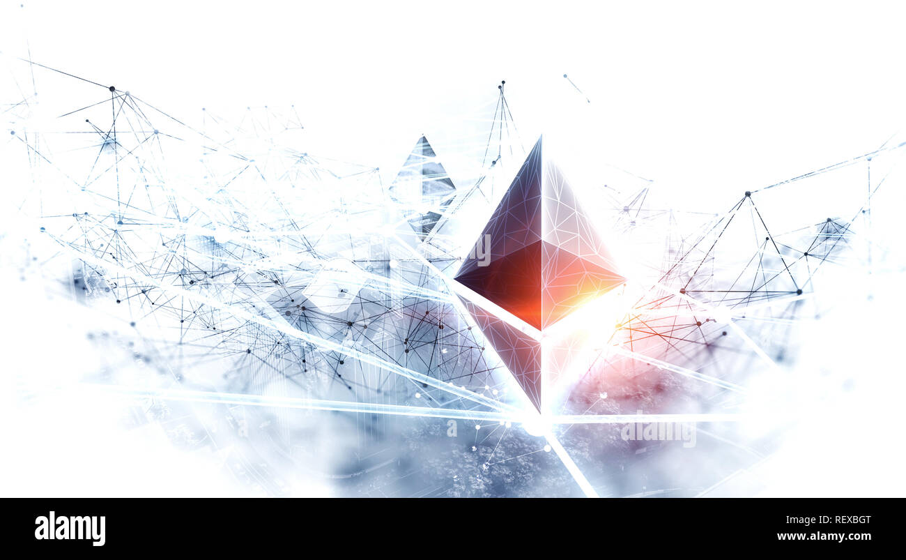 Bitcoin and Ethereum symbols on abstract blue background. 3d rendering ...