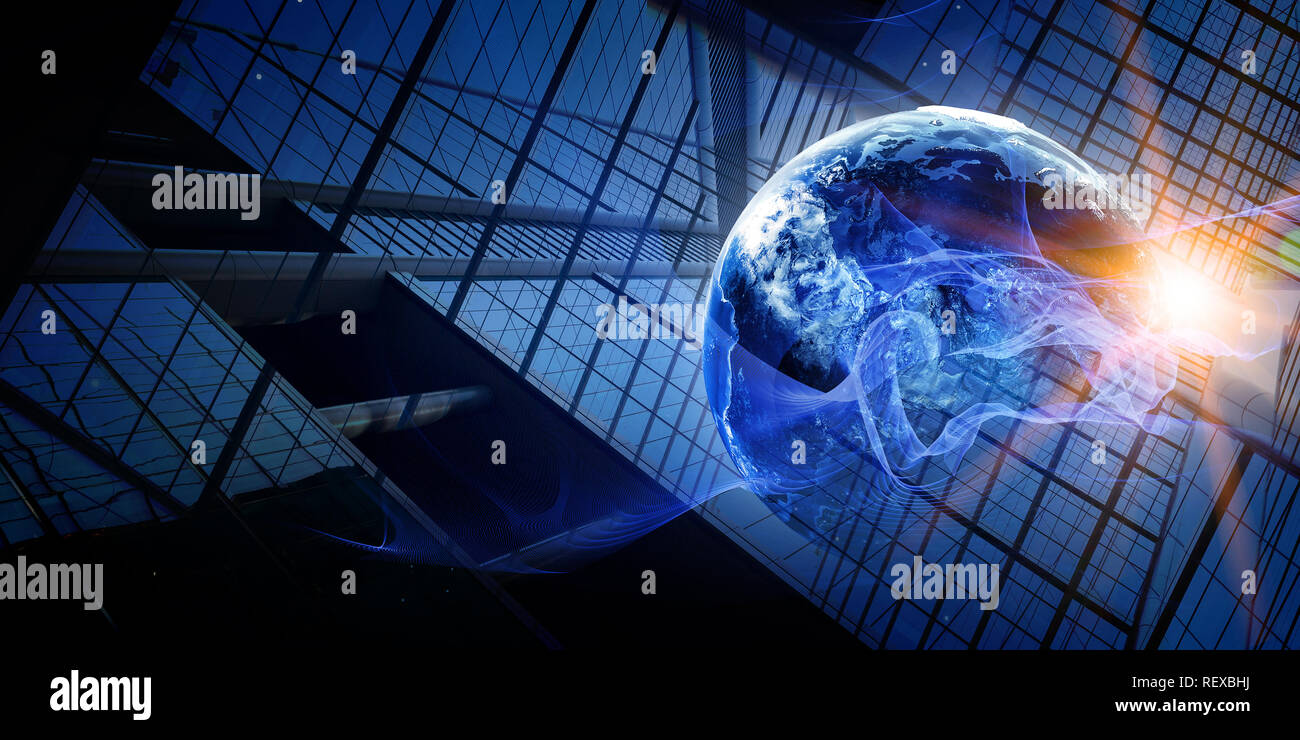 Concept of modern technologies with digital globe and buildings windows ...