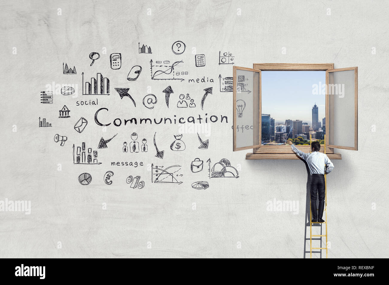 Businessman standing on ladder and reaching up opened window in wall ...