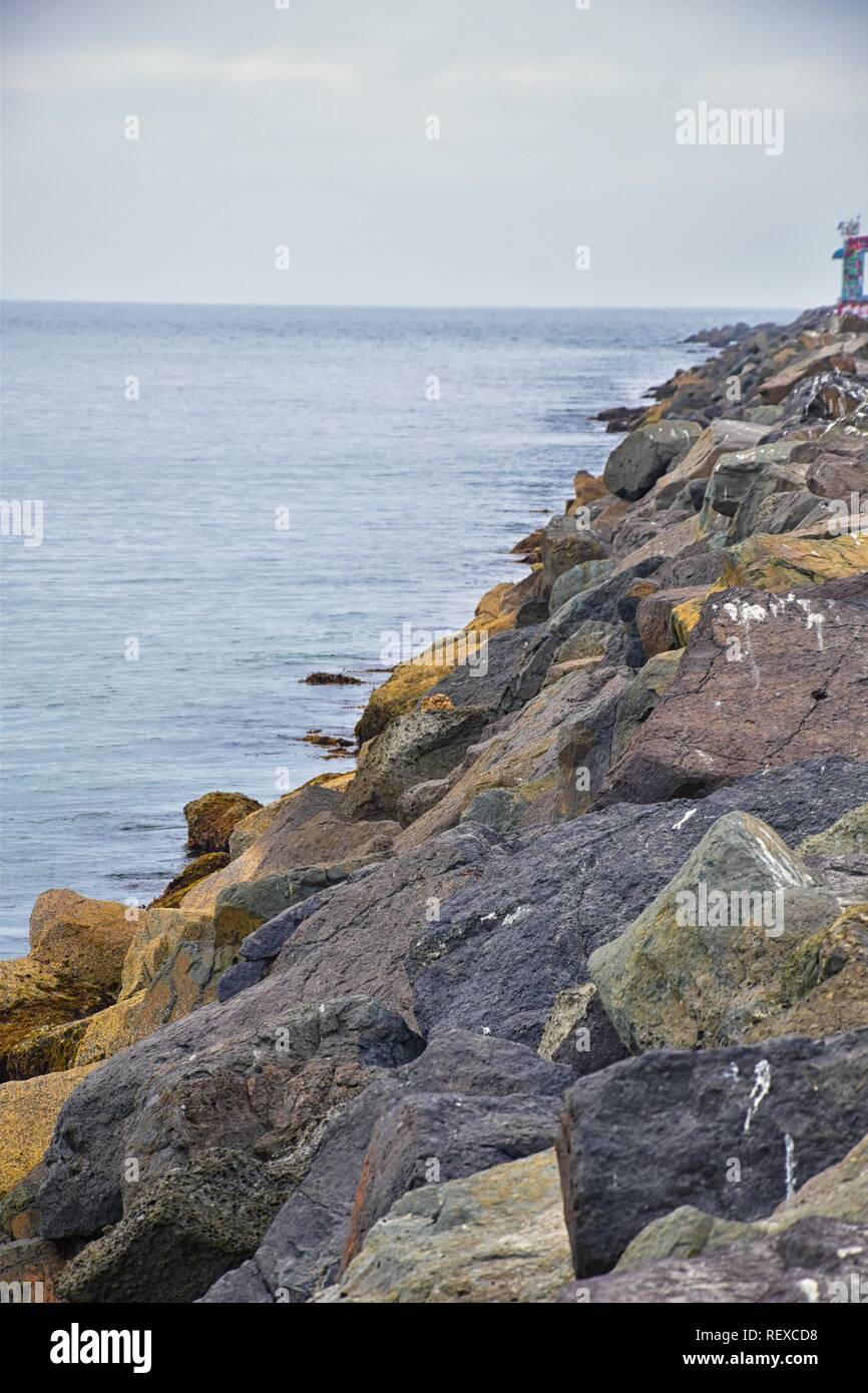 View from Mission Beach in San Diego, of Piers, Jetty and sand, around ...
