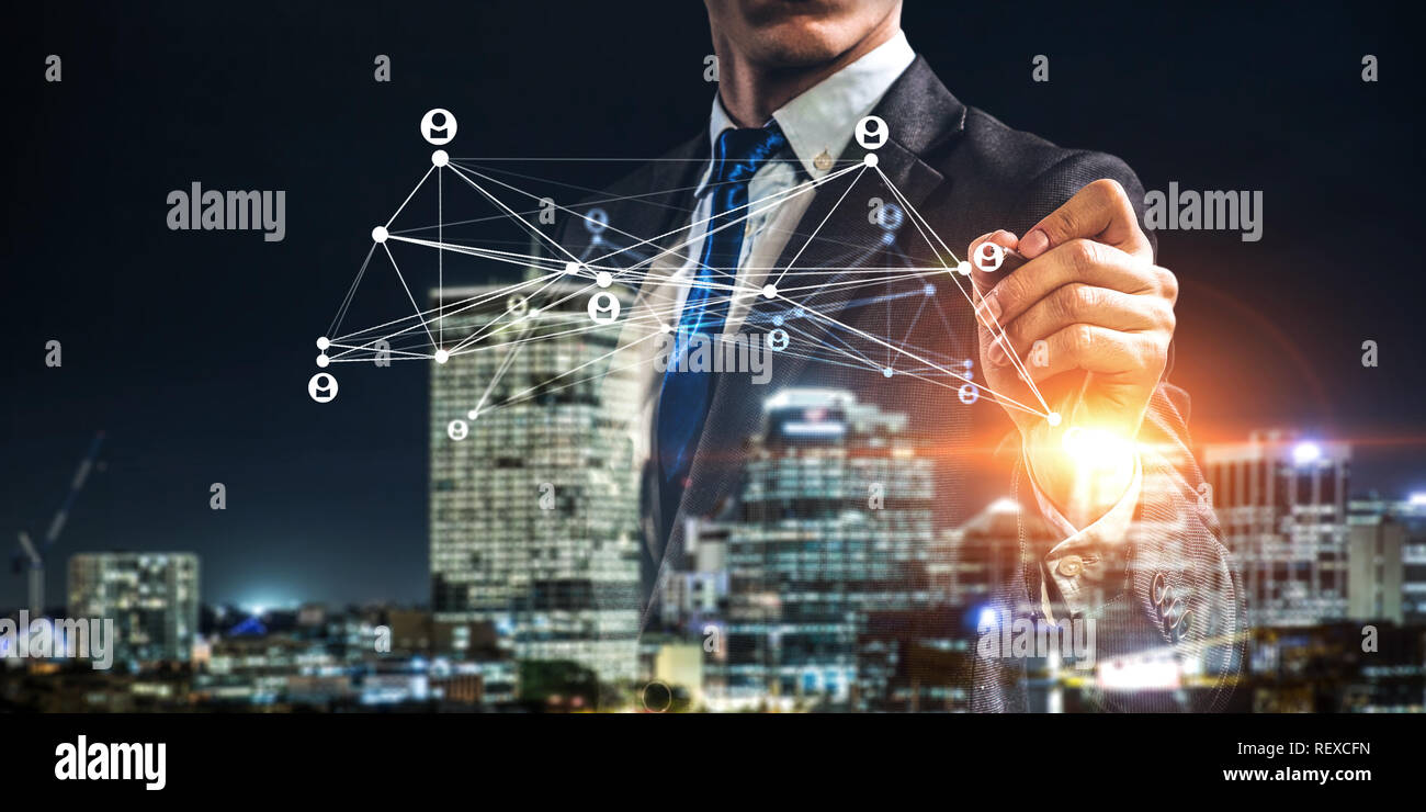 Human hand drawing on screen connection lines of network. 3d rendering ...