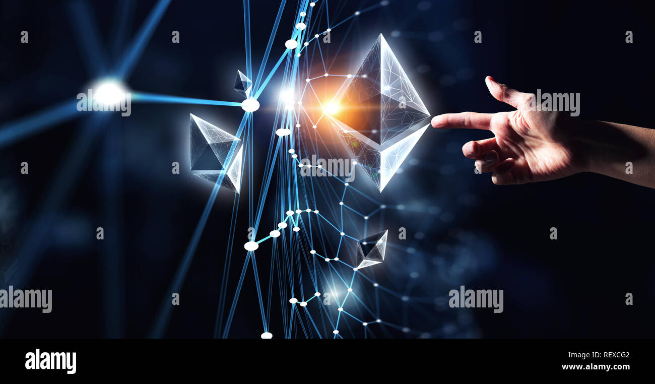 Bitcoin and Ethereum symbols on abstract blue background. 3d rendering Stock Photo - Alamy