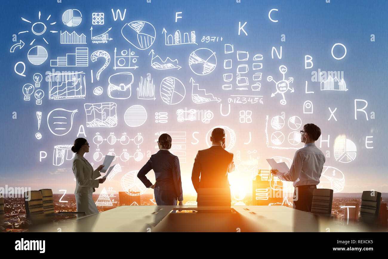 Silhouettes of business people working in collaboration. Mixed media ...